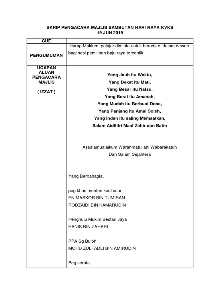 Skrip Pengacara Majlis Sambutan Hari Raya Kvks | PDF