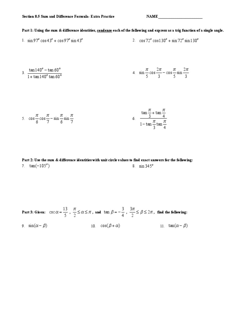 Sum and Differences Identities | PDF | Trigonometric Functions | Geometry