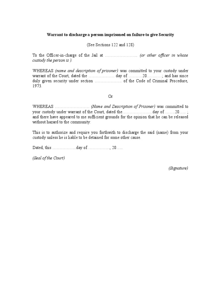 Warrant To Discharge A Person Imprisoned On Failure To Give Security ...