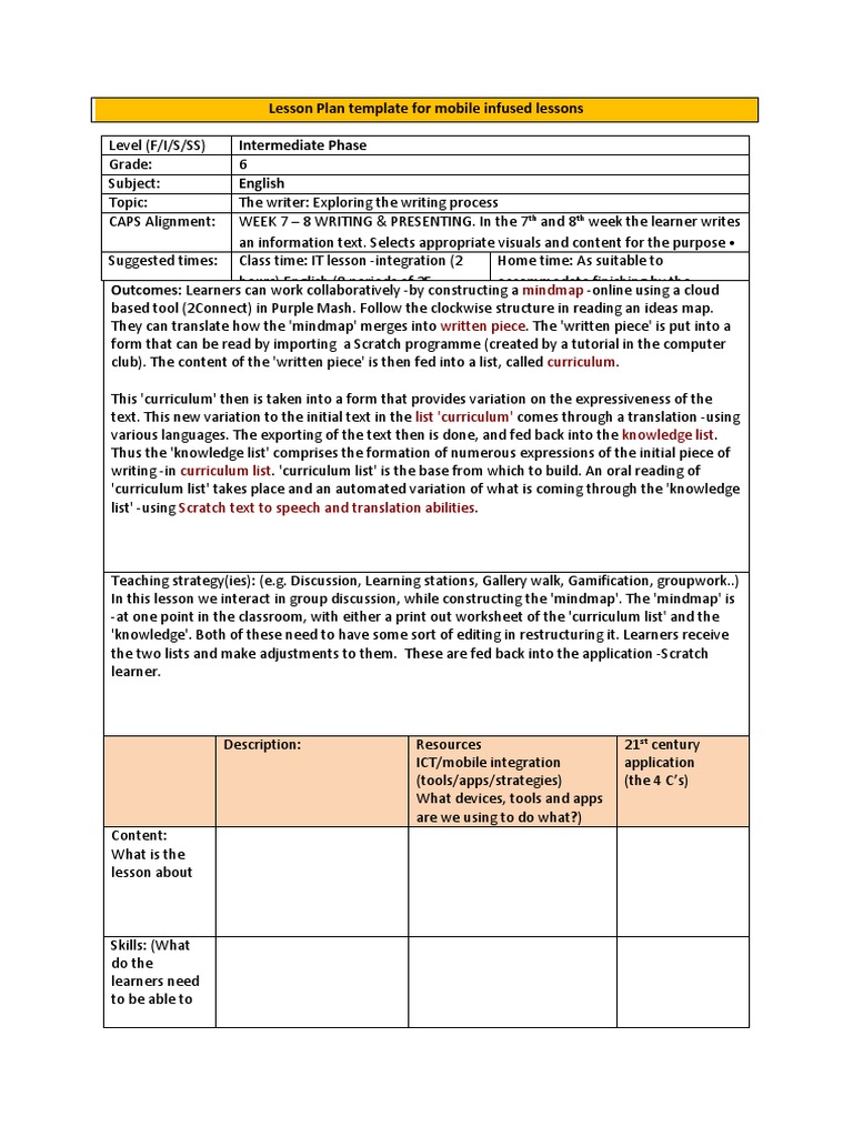Lesson Plan Template For Mobile Infused Lessons Intermediate Phase ...