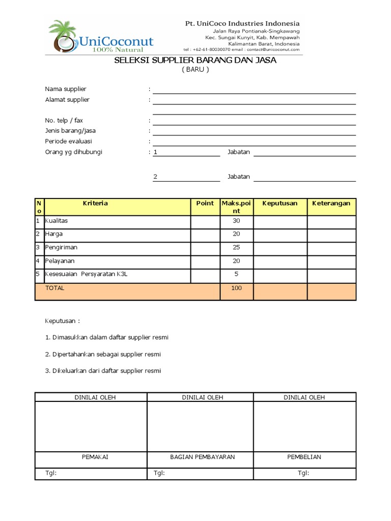 Contoh Form Seleksi Supplier Rev 01 | PDF