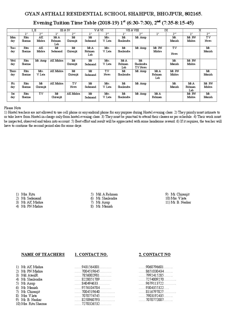 Time Table Tution 18-19 | PDF