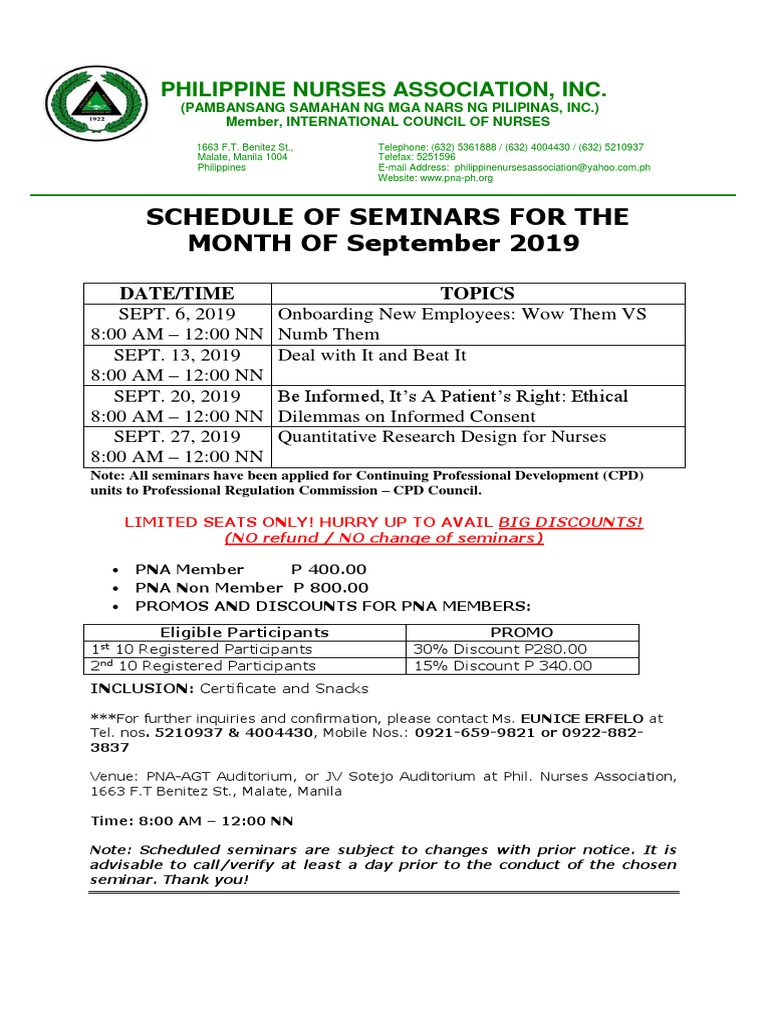 Schedule of Seminars For The MONTH OF September 2019: Philippine Nurses ...