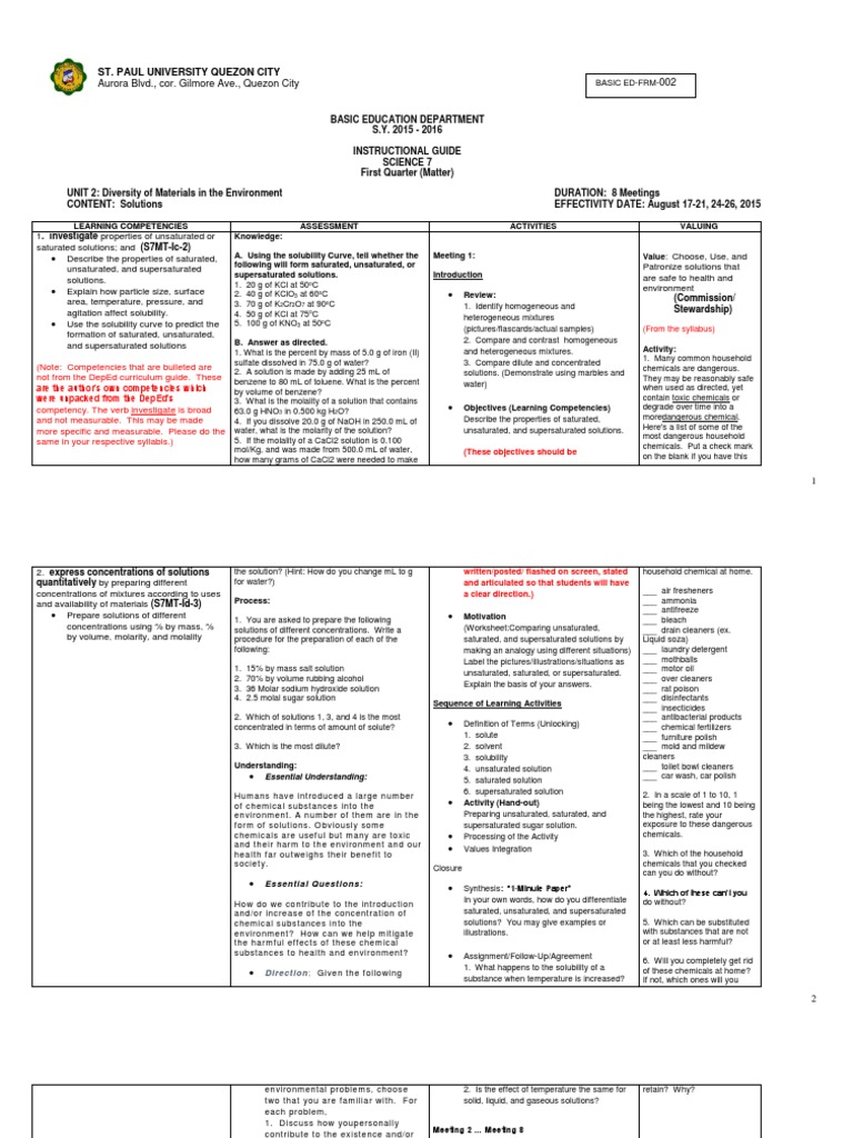 Sample IG Lesson Plan For Sy 2015 2016 | PDF | Solution | Solubility