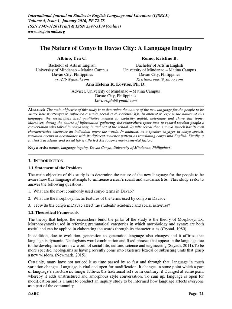 The Nature of Conyo in Davao City: A Language Inquiry: Albino, Yra C ...