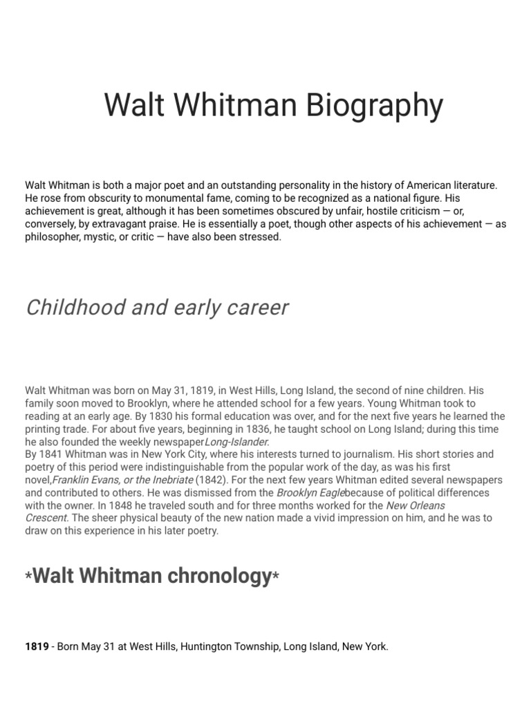Walt Whitman Biography: Childhood and Early Career | PDF | Leaves Of ...