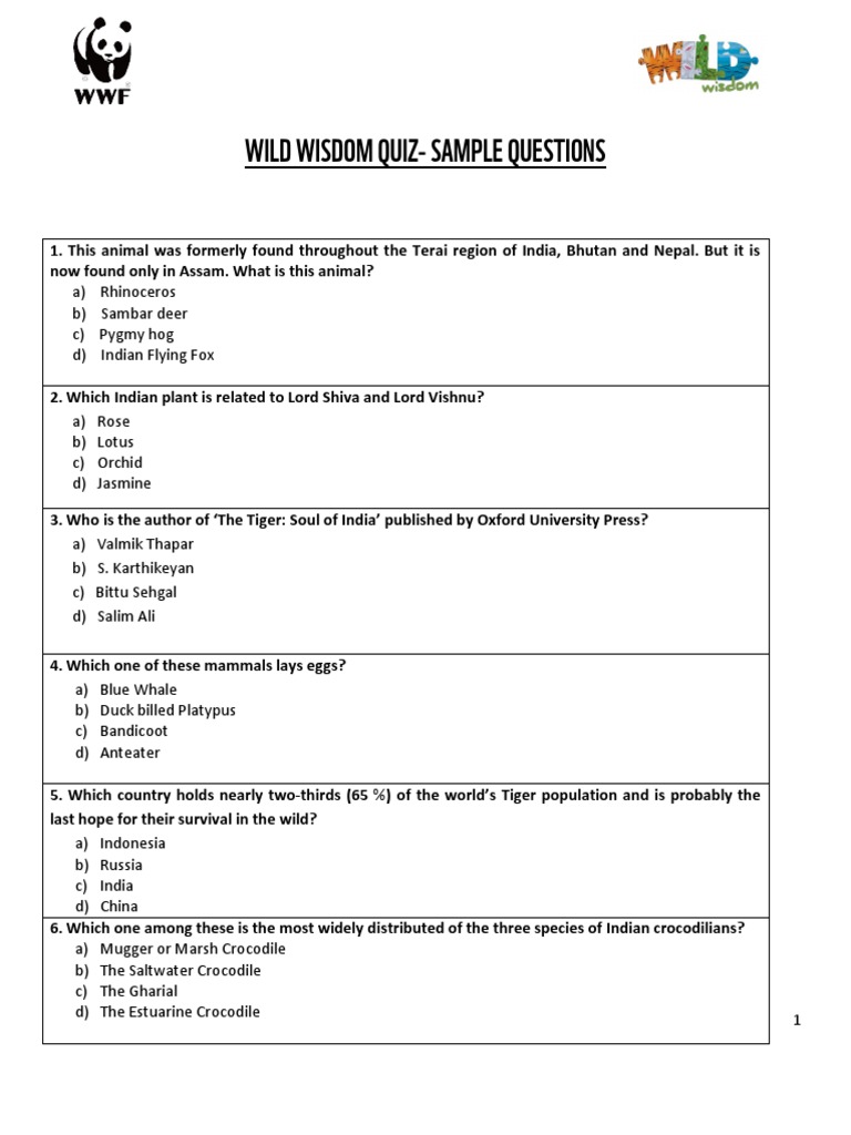 Cbse WWF India Wild Wisdom Quiz | Download Free PDF | Fauna Of Asia ...