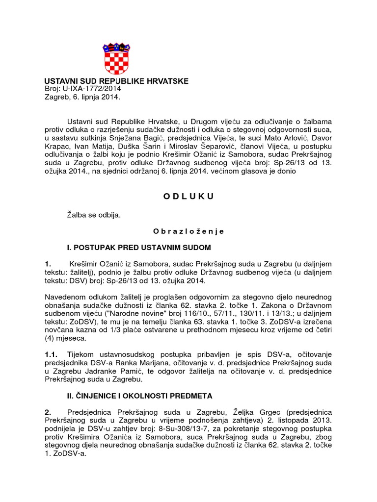 Odluka Ustavnog Suda o Sucu Ožaniću | PDF