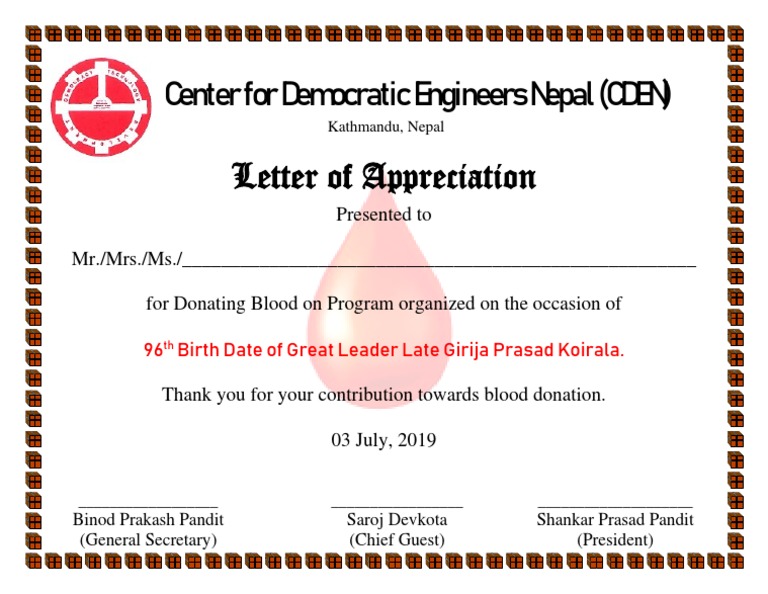 Certificate Blood Donation CDEN Final | PDF