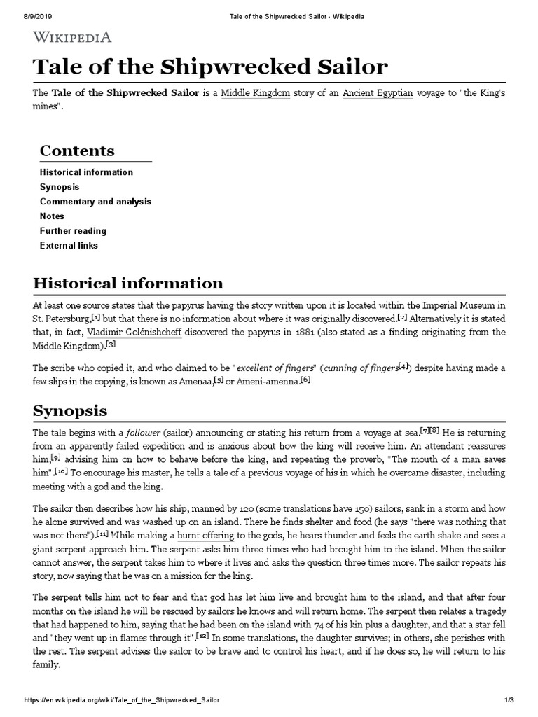 Tale of The Shipwrecked Sailor - Wikipedia | PDF