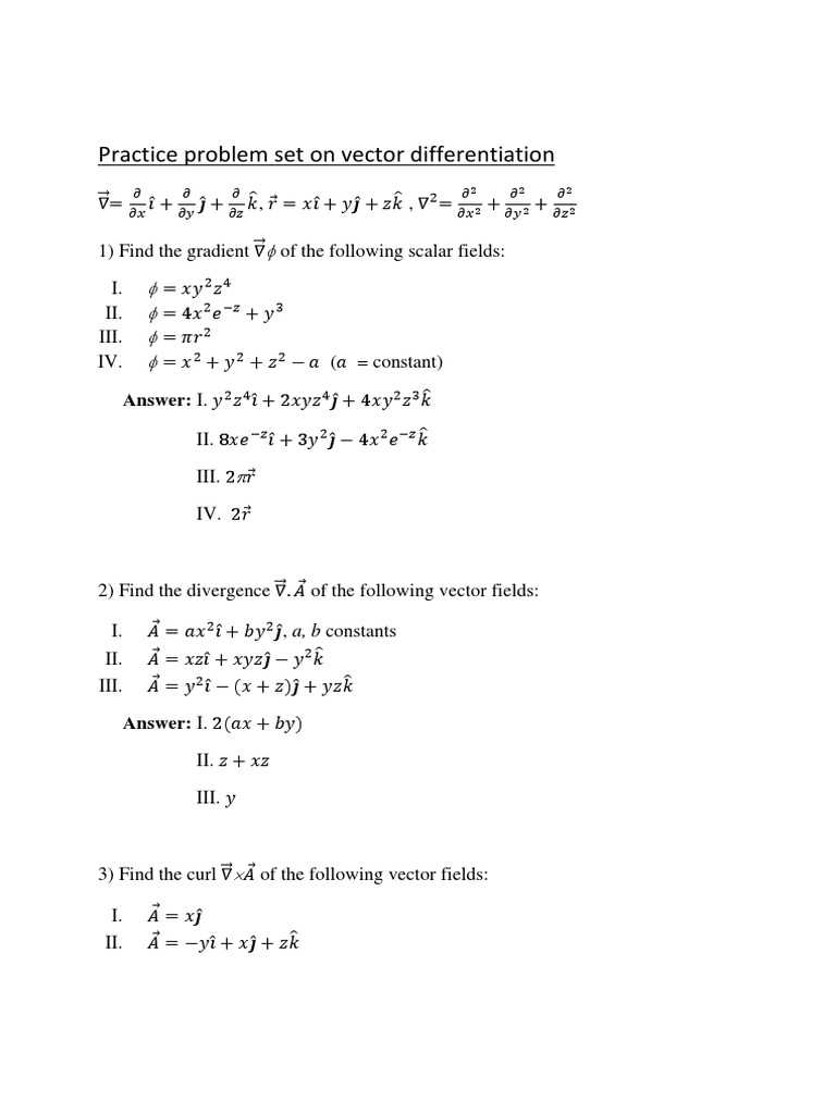Practice Problem Set On Vector Differentiation: Answer: I | PDF ...
