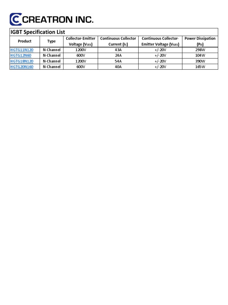 IGBT Specifications and Ratings List | PDF