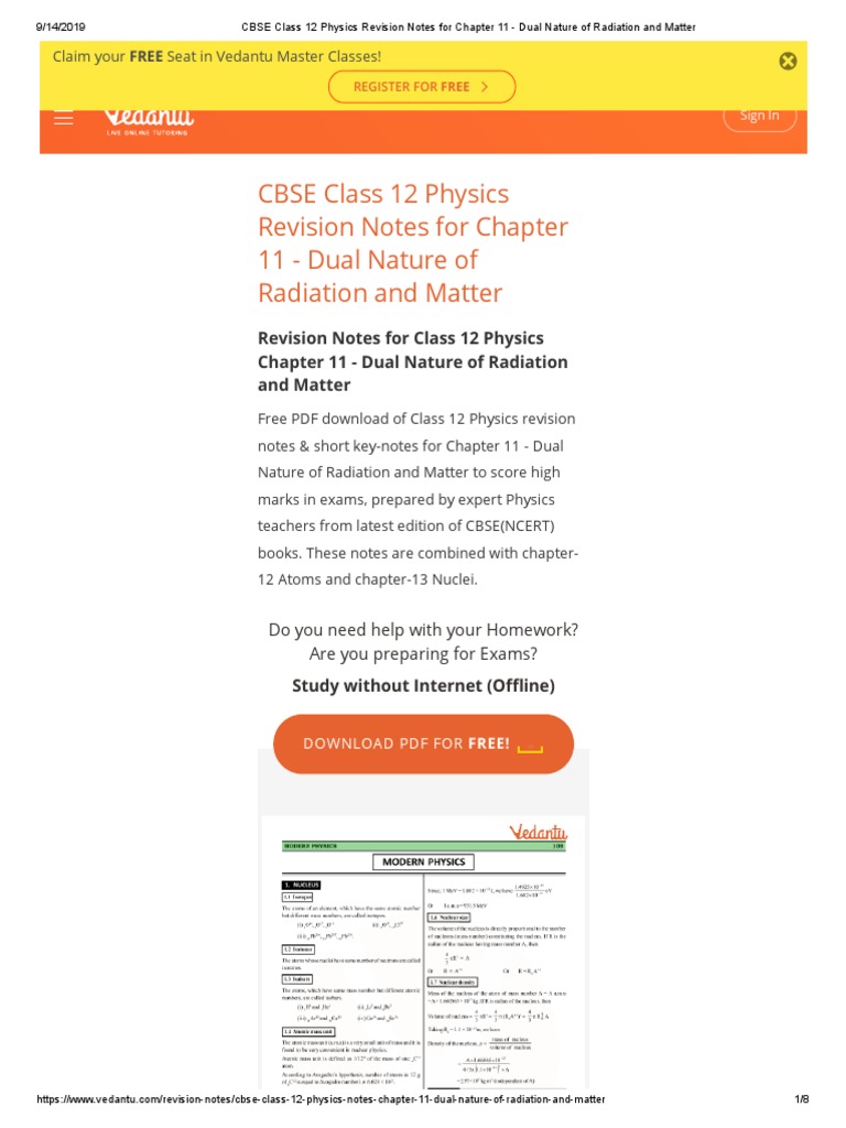 CBSE Class 12 Physics Notes For Dual Nature of Radiation and Matter ...