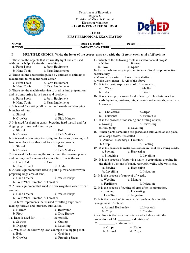 1st Tle 9 Exam | PDF | Plough | Agricultural Machinery