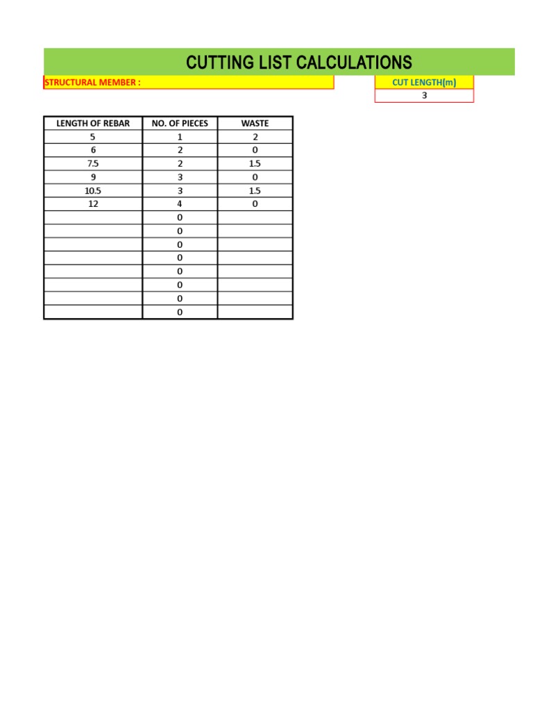 Cutting List Calculations: Length of Rebar No. of Pieces Waste | PDF