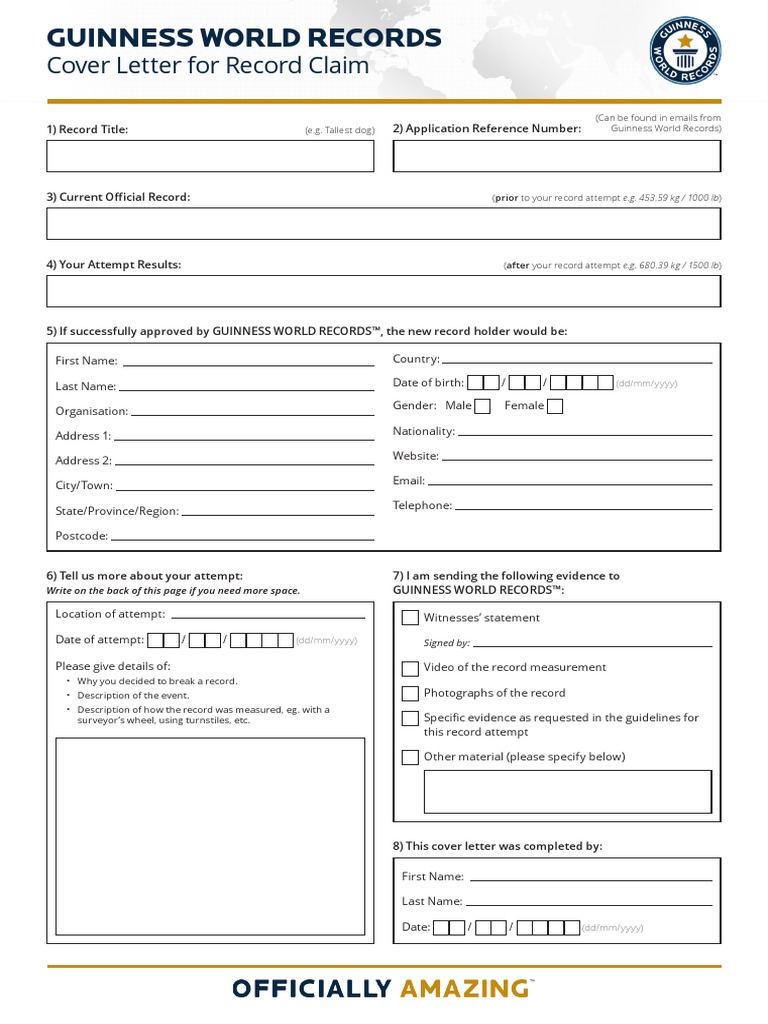Guinness World Records: Cover Letter for Record Claim