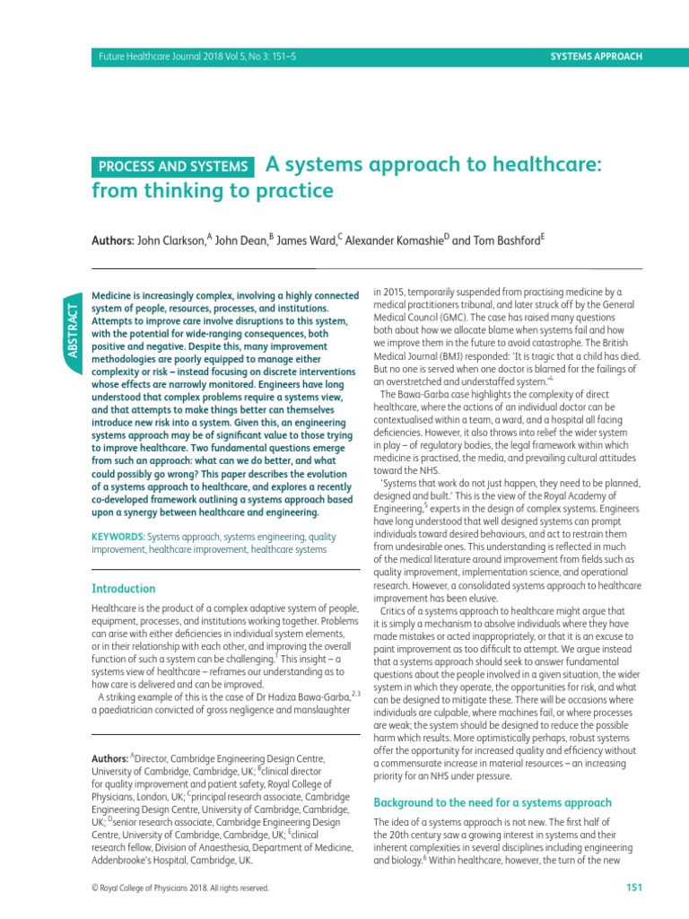 PROCESS AND SYSTEMS A Systems Approach To Healthcare: From Thinking To ...