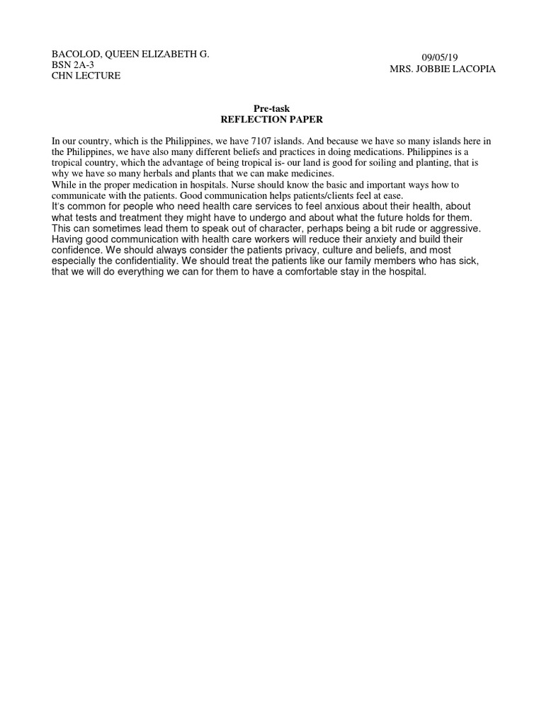 Pre-Task Reflection Paper | PDF | Caregiver | Patient