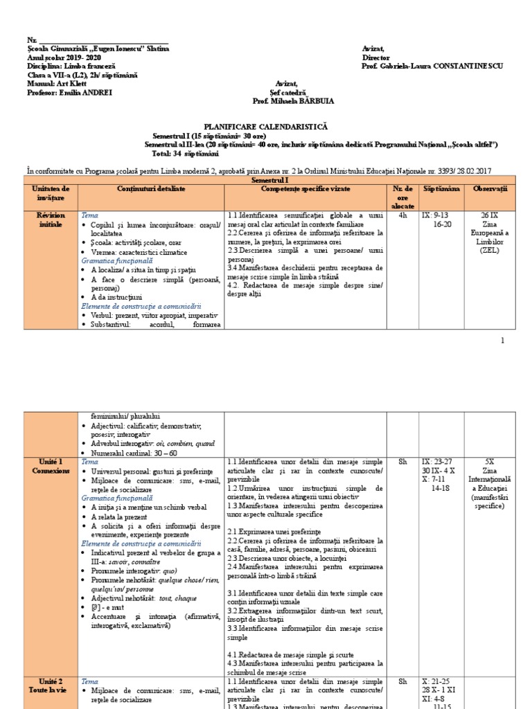 Planificare Cl.a VII-A L2 Ed - Art Klett | PDF