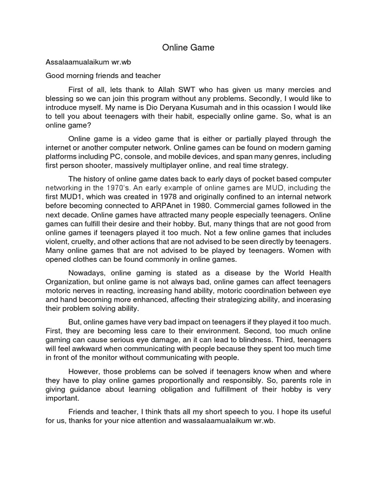 Online Games Speech | PDF | Video Games | Adolescence