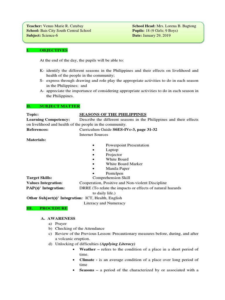 Lesson-Plan Cot Science 6 Version 1 | PDF | Wet Season | Atmosphere Of ...