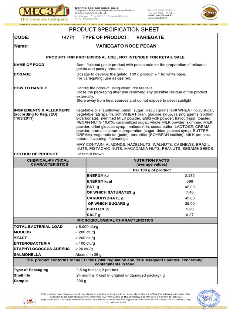 Product Specification Sheet: Code: 14771 Type of Product: Variegate ...