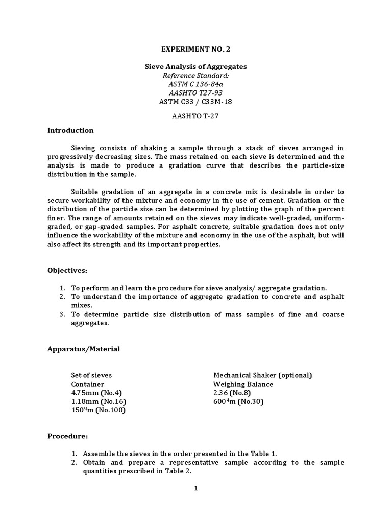 Experiment No. 2 Sieve Analysis of Aggregates: Reference Standard: ASTM ...