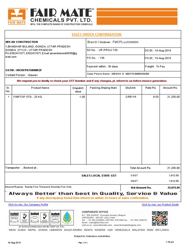 Sales Order Confirmation: Branch / FMCPL | PDF