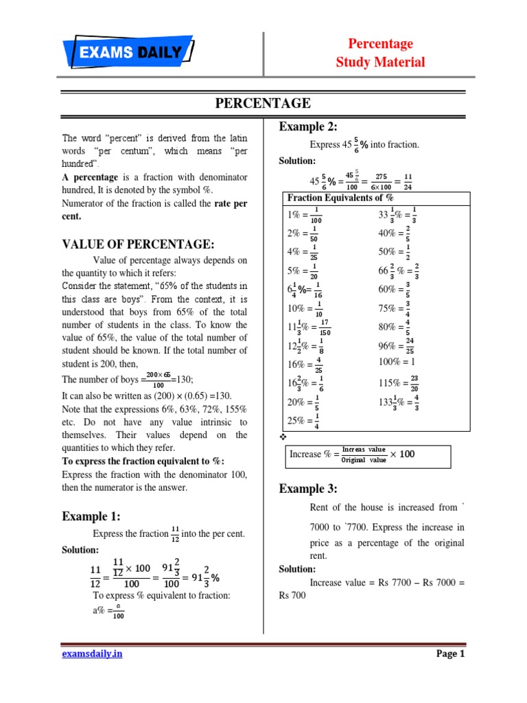 Percentage Study Material for Exams | PDF | Percentage | Fraction ...