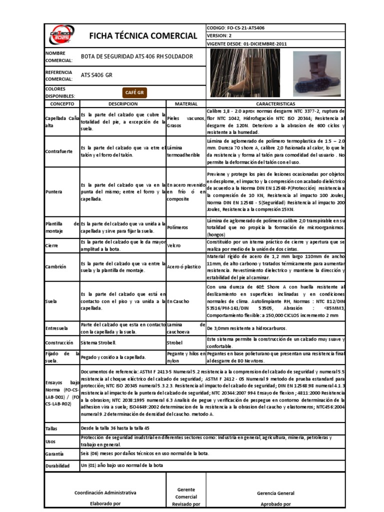 Fichas Tecnicas ATS 406 RH en Cuero JE JAIMES | PDF | Calzado | Acero