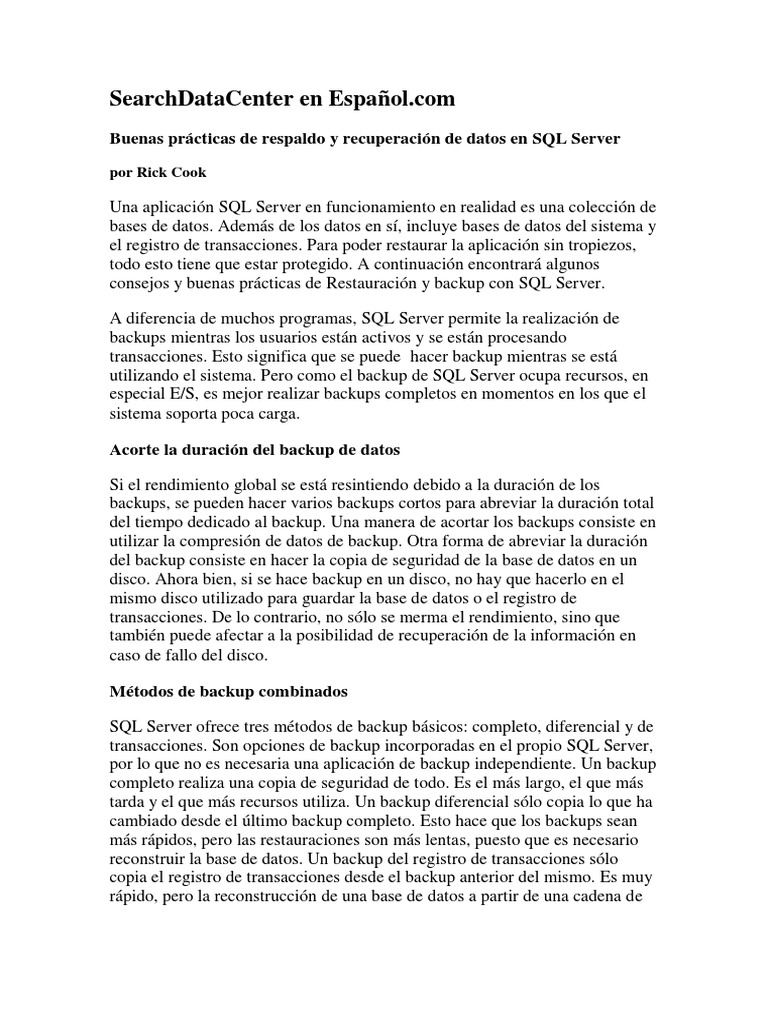 Buenas Prácticas de Respaldo y Recuperación de Datos en SQL Server | PDF | Apoyo | Servidor SQL ...
