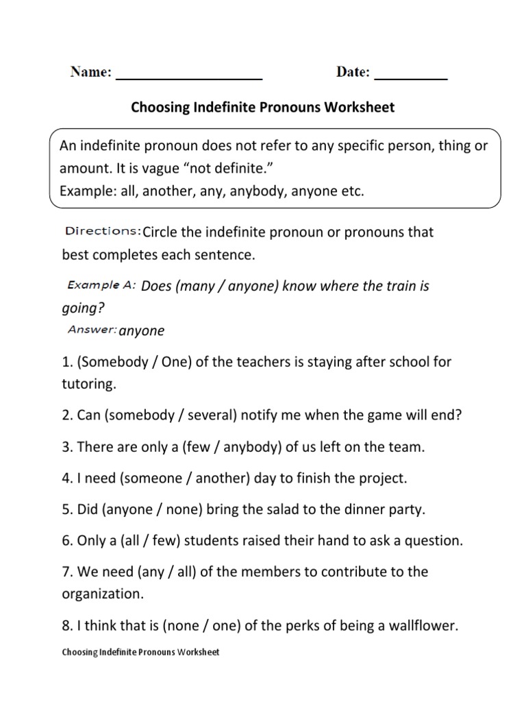Choosing Indefinite Pronouns Worksheet: Does (Many / Anyone) Know Where ...