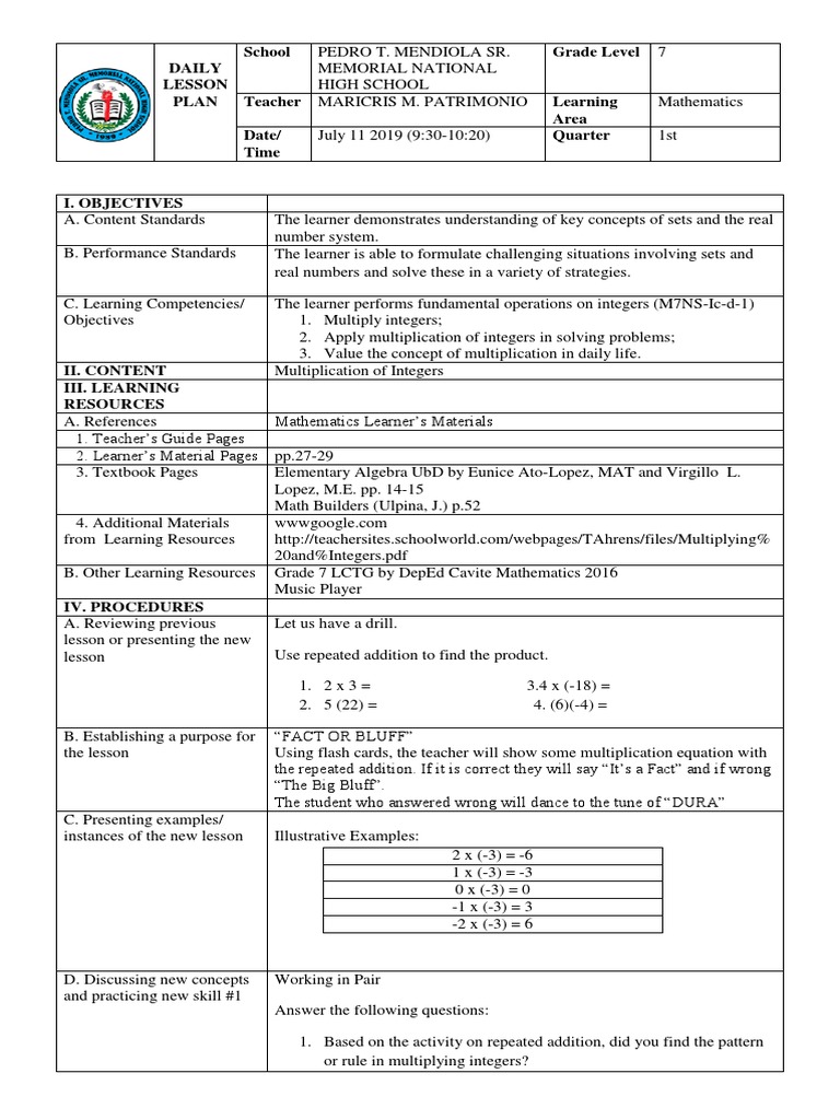 Daily Lesson Plan School Grade Level 7 | PDF | Multiplication | Numbers