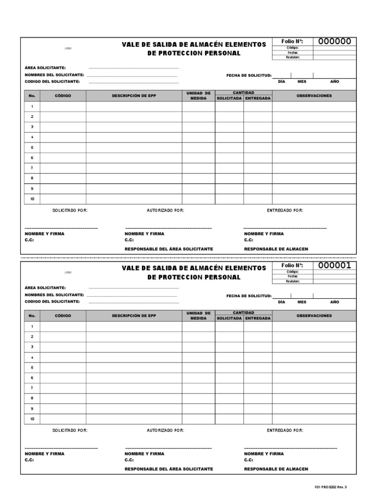 Vale de Salida de Almacen Elementos de Proteccion Personal | PDF | Business