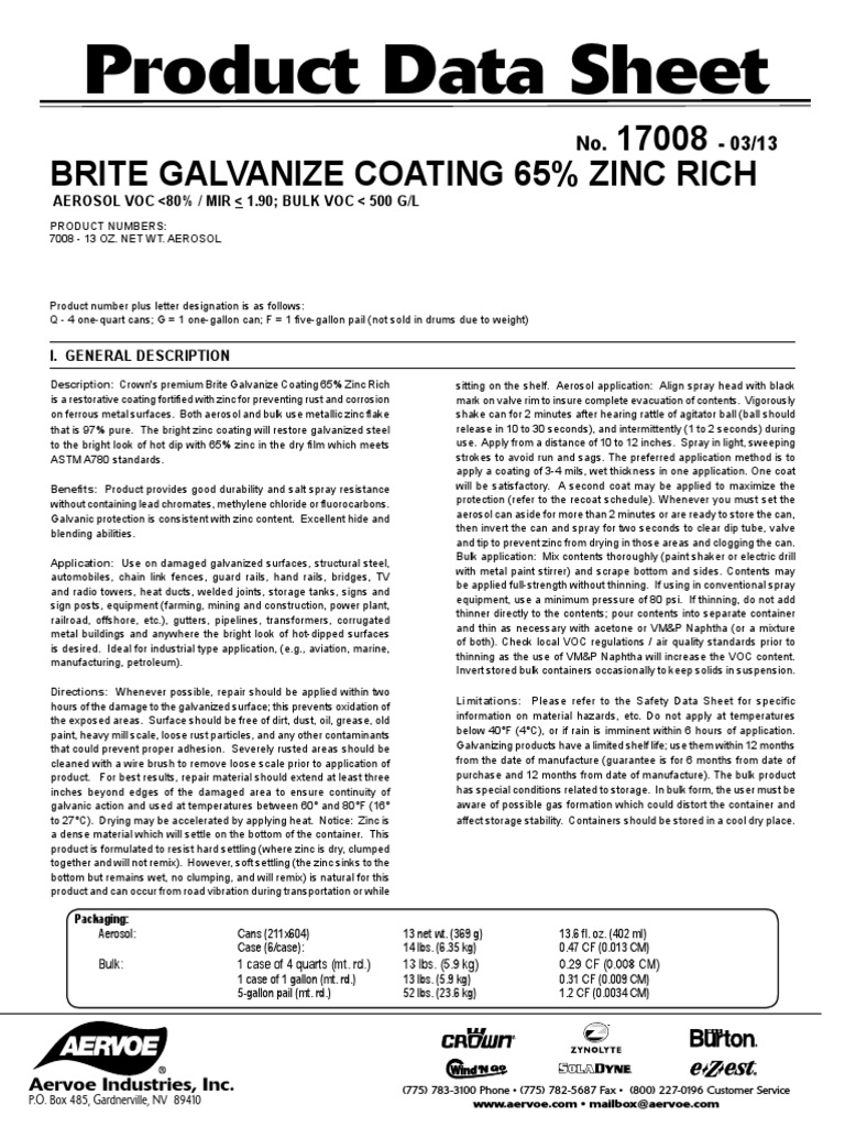 Product Data Sheet: 17008 Brite Galvanize Coating 65% Zinc Rich | PDF | Galvanization | Rust