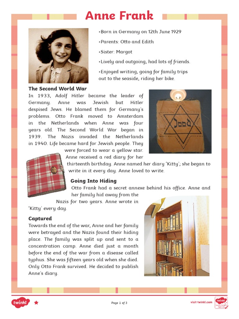 T2 E 3096 Anne Frank Differentiated Reading Comprehension Activity Ver ...