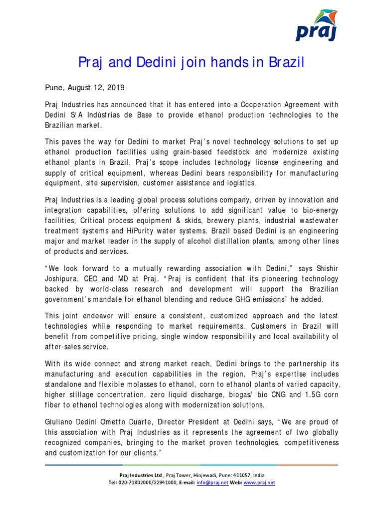 Praj and Dedini Join Hands in Brazil | PDF | Ethanol | Ethanol Fuel