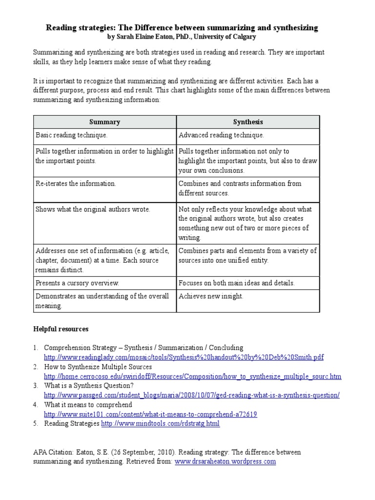 Difference Between Summarizing and Synthesizing | PDF | Information | Neuropsychology
