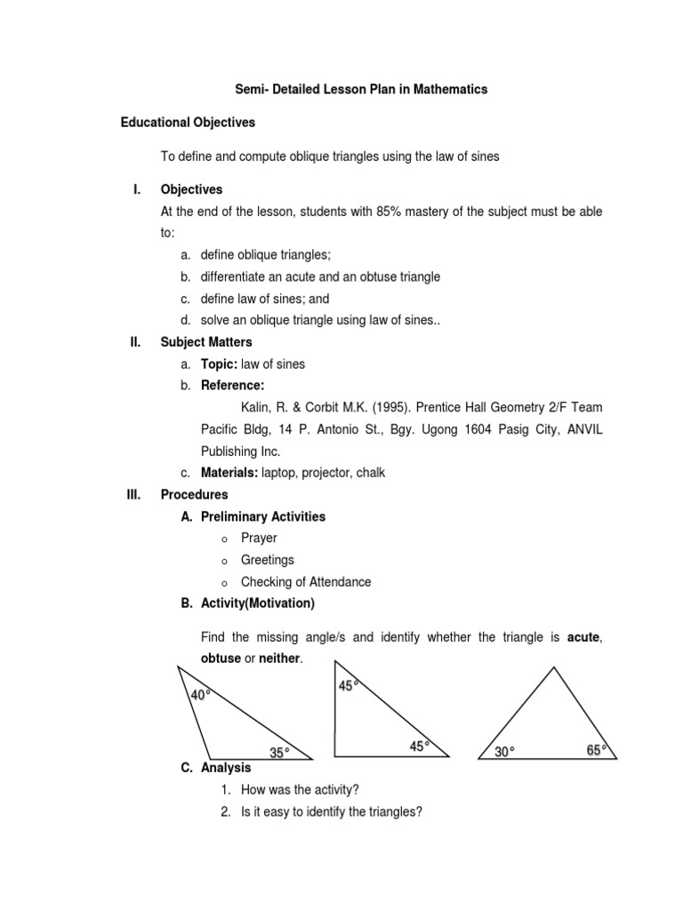 Law of Sines Lesson Plan for Grade 9 | PDF | Trigonometric Functions ...