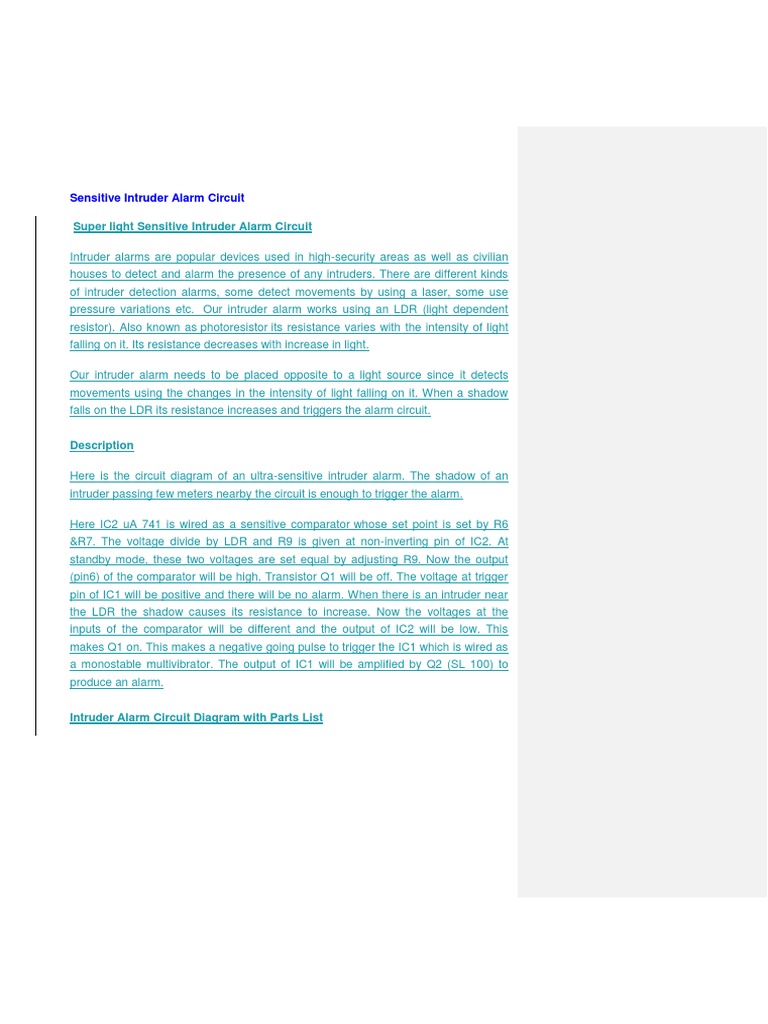 Sensitive Intruder Alarm Circuit Pdf Electricity Electrical Engineering