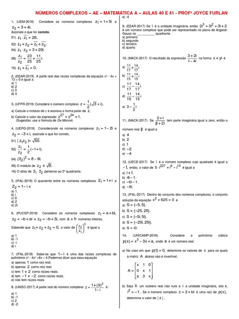Lista de Complexos | PDF | Número complexo | Análise complexa