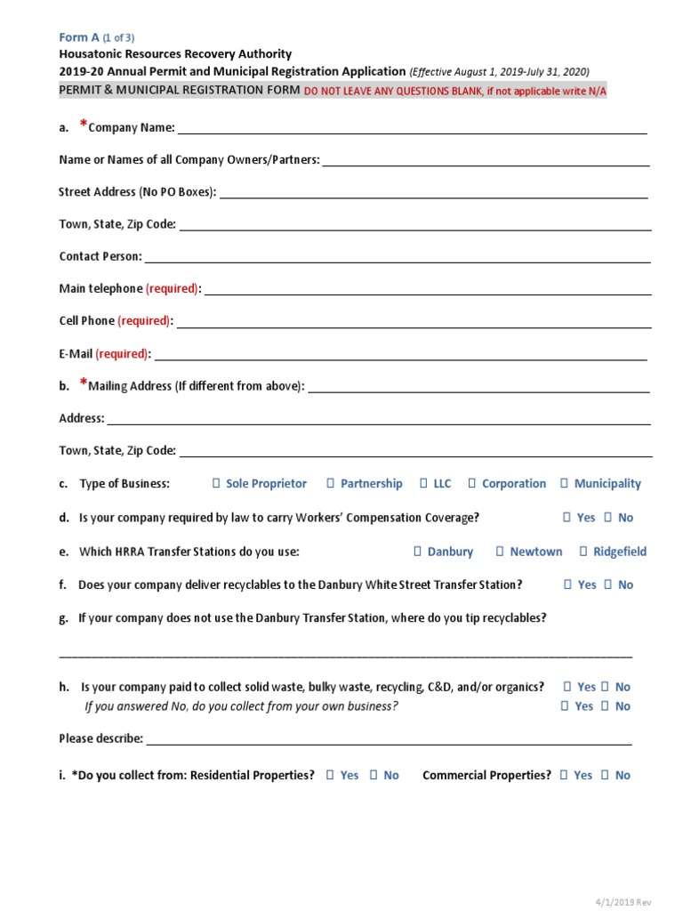 FORM A Registration and Permit Application | PDF | Municipal Solid ...
