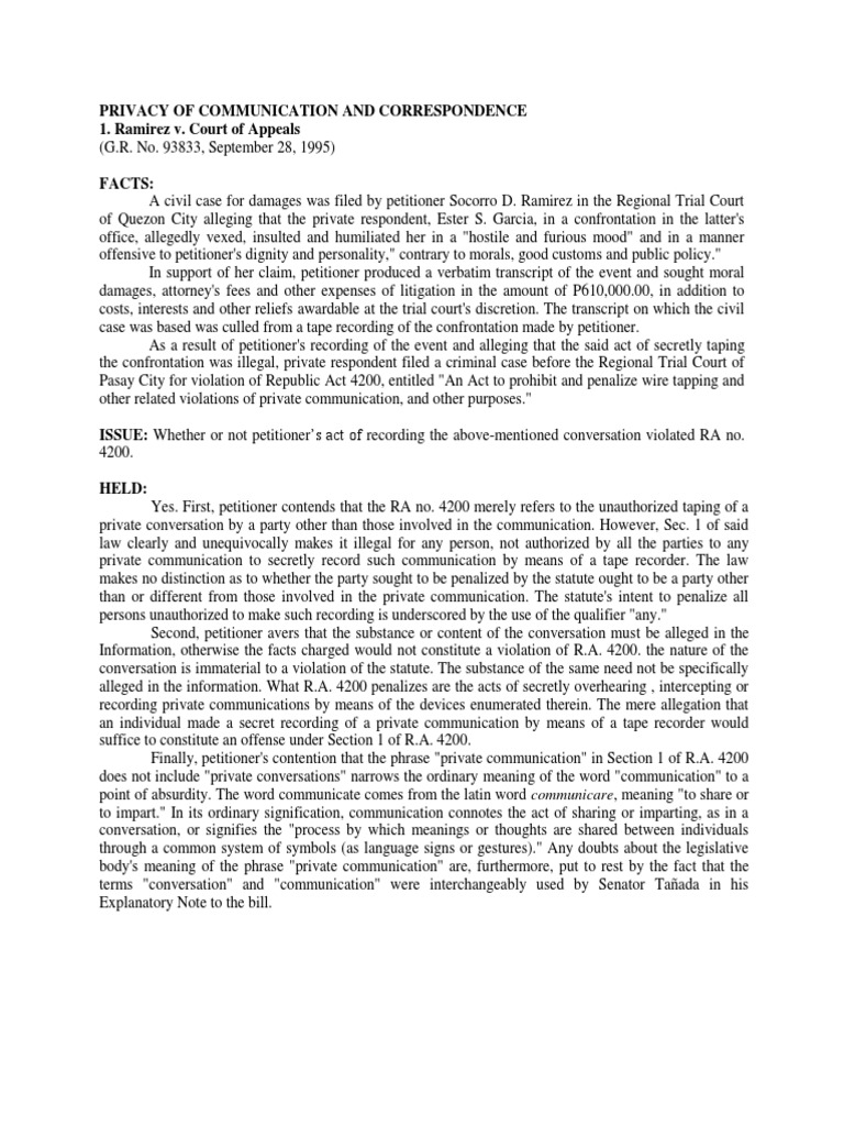 Privacy of Communication and Correspondence 1. Ramirez v. Court of ...