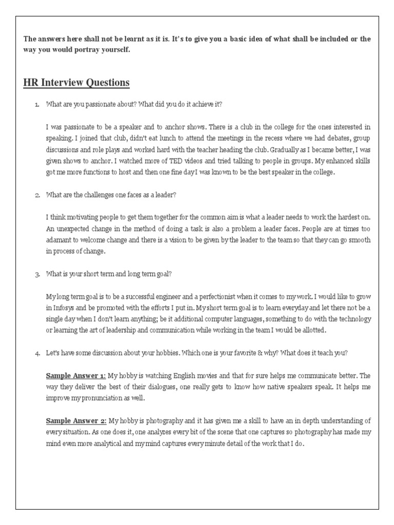 Insights Into An Interview: Sample Answers To Common HR Questions | PDF ...