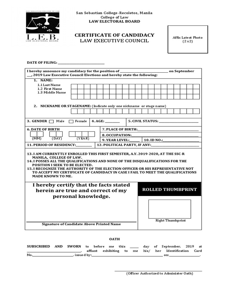 SSC-R Manila Law Council Candidacy Form | PDF | Identity Document ...