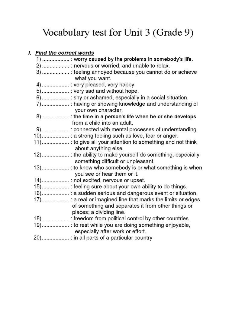Vocabulary Test For Unit 3 (Grade 9) | PDF | Feeling | Cognitive Science