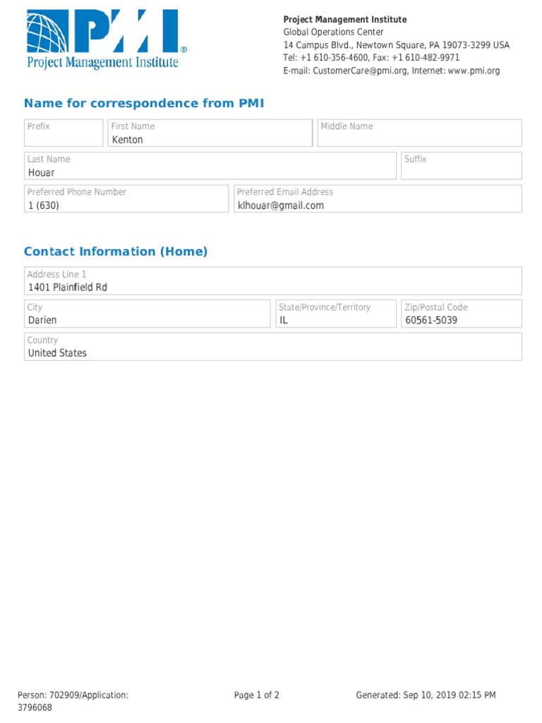 PMI Application 2019 - 3796068 | PDF