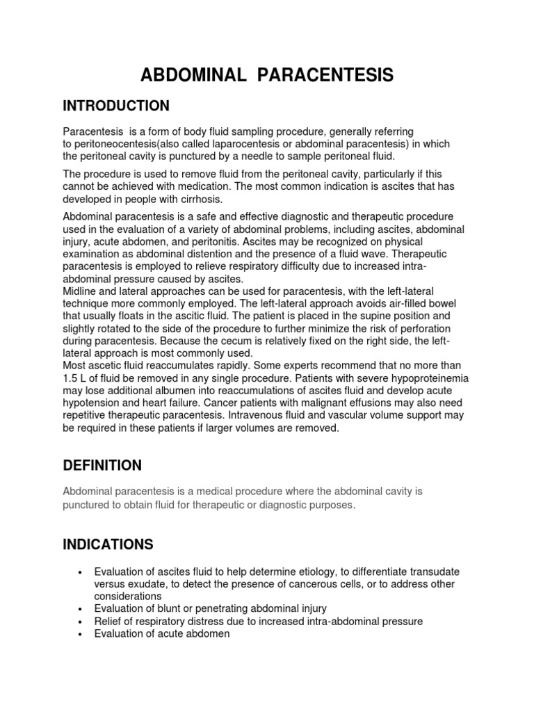 Abdominal Paracentesis | PDF | Clinical Medicine | Medical Specialties