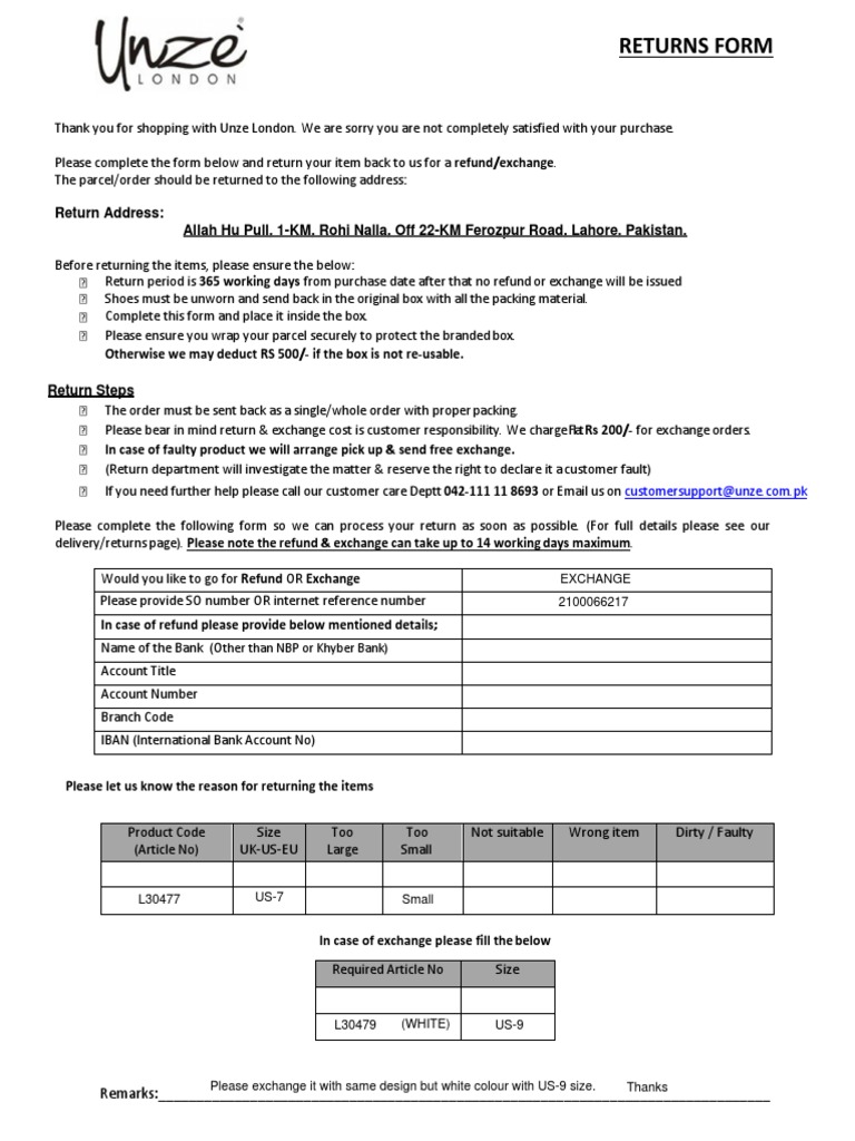 PK Return Exchange Form PDF | PDF | Business