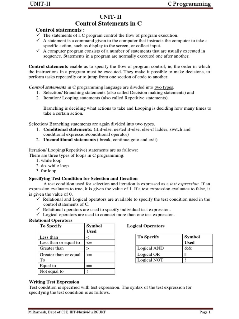 PSTC Unit II | PDF | Control Flow | Computer Programming